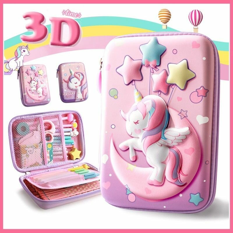 3D Каркасный Пенал Школьный Для Девочки На Молнии, Мультфильм Единорог,23CM *15cm*5cm