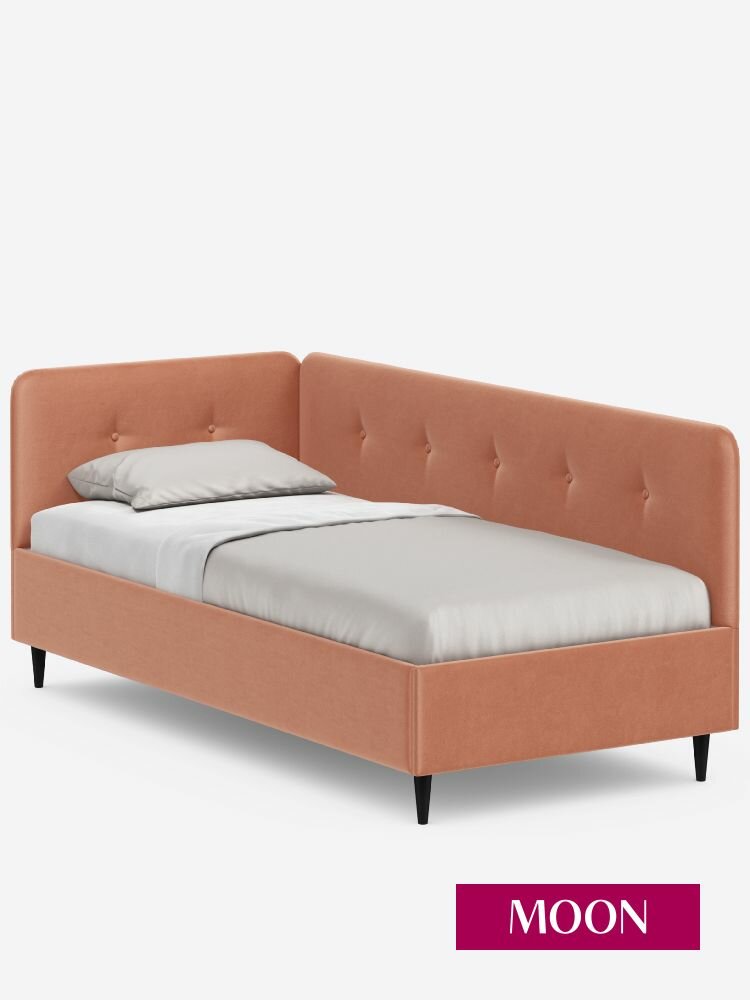 Кровать односпальная, подростковая, с подъемным механизмом на ножках, MOON FAMILY 1253, размер 90х200 см, велюр оранжевый, ящик для белья, левая боковая спинка. Ортопедическое основание в комплекте