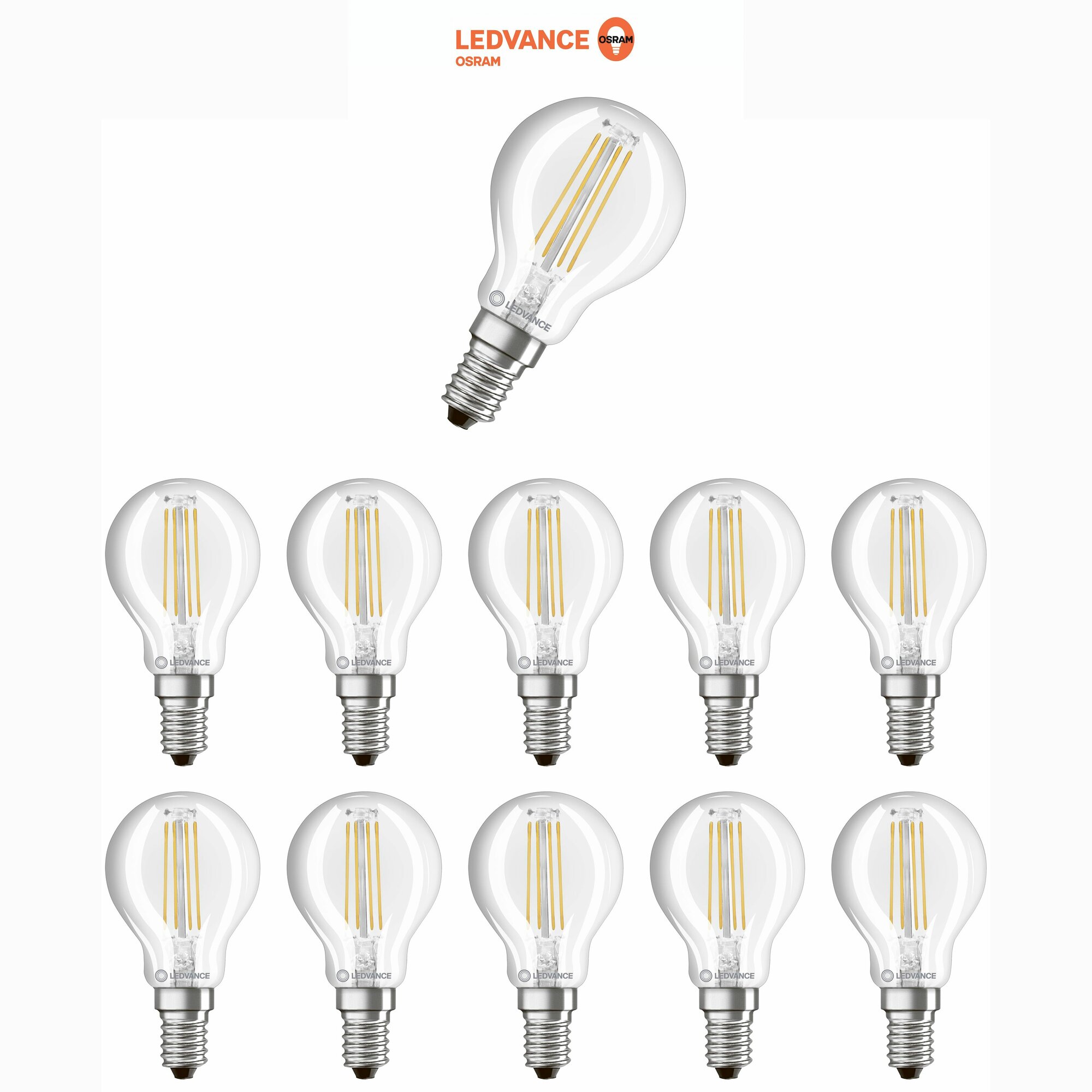10шт/уп. Лампа LED Шар 4.8W 220-240V E14 470Лм 2700К Угол 300 град. D-45mm L-78mm Филаментная Диммируемая Свет Теплый белый LEDVANCE-OSRAM, уп. 10шт