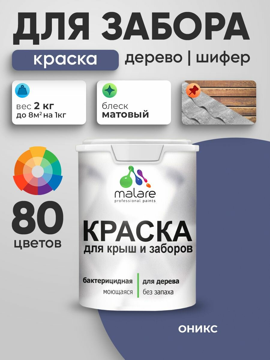 Акриловая краска Malare для деревянного забора/ по дереву для наружных и внутренних работ/ быстросохнущая моющаяся без запаха, матовая, оникс, 2 кг.