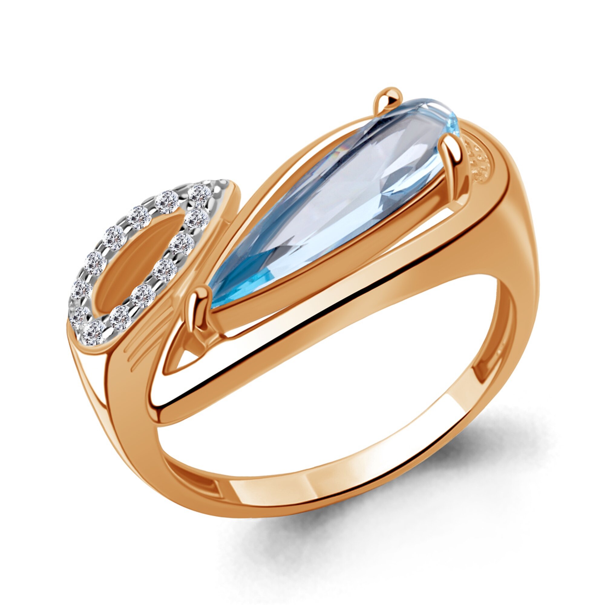 Кольцо, серебро, 925 проба, золочение, топаз, фианит