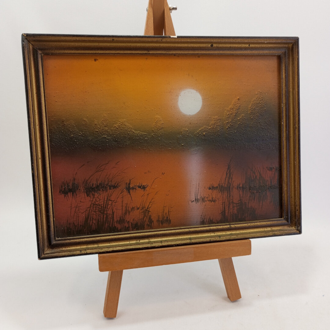 Картина "Закат", аэрография, оргалит, масло, 20х26 см. Орёл, 1995г