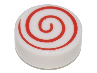 Tile, Round 1 x 1 with Red Spiral Pattern, 98138pb013 White N