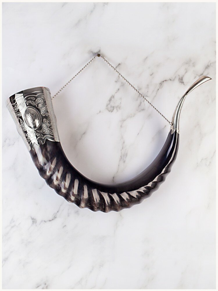 Рог для вина с пиалой из мельхиора р.13/100 см, рог кавказского тура