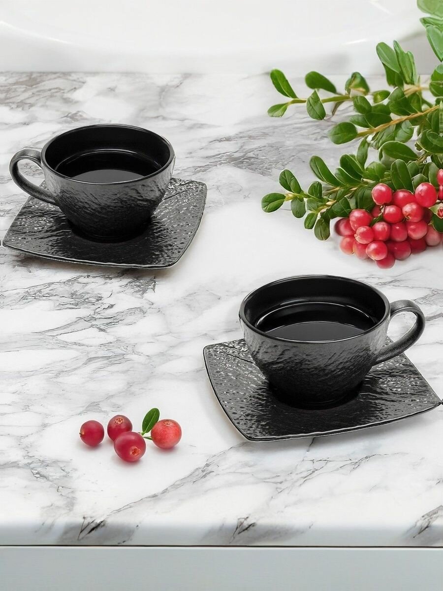 Набор фарфоровых чайных пар в подарочной упаковке Lava 2шт, черный. STENOVA HOME