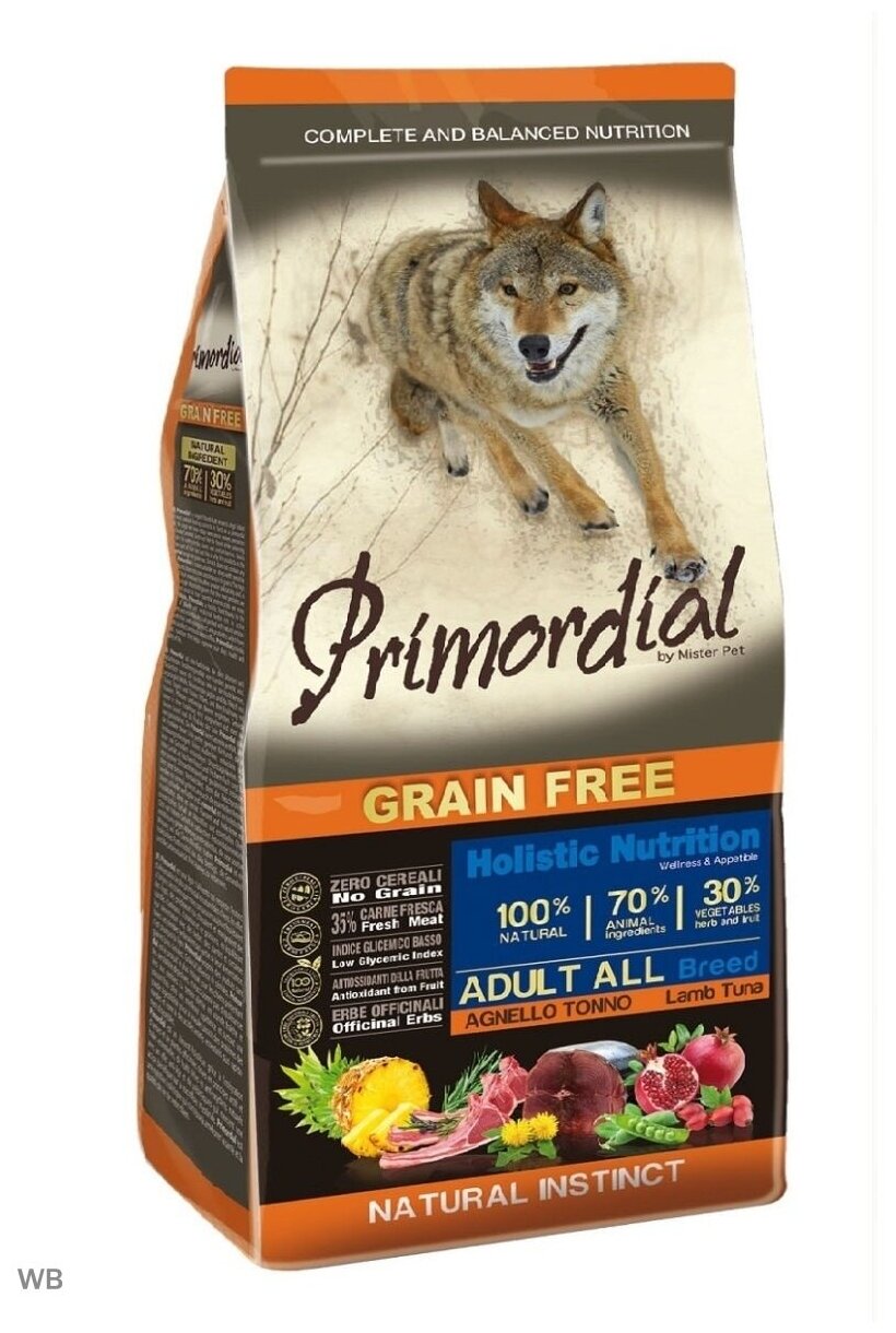 Primordial корм для взрослых собак всех пород, тунец, ягненок 12 кг