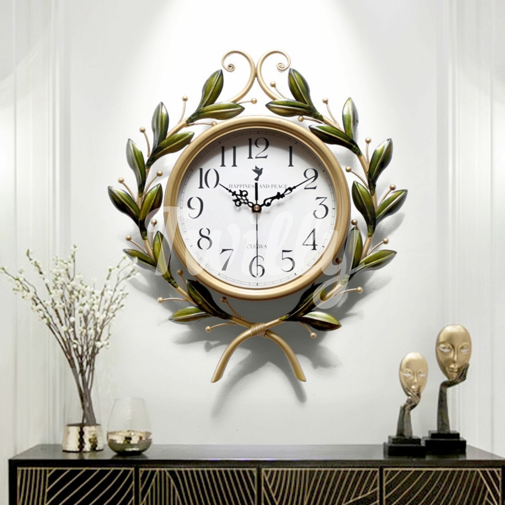 Часы настенные "Барокко", с маятником, кварцевые, фигурные, золотисто-зеленые