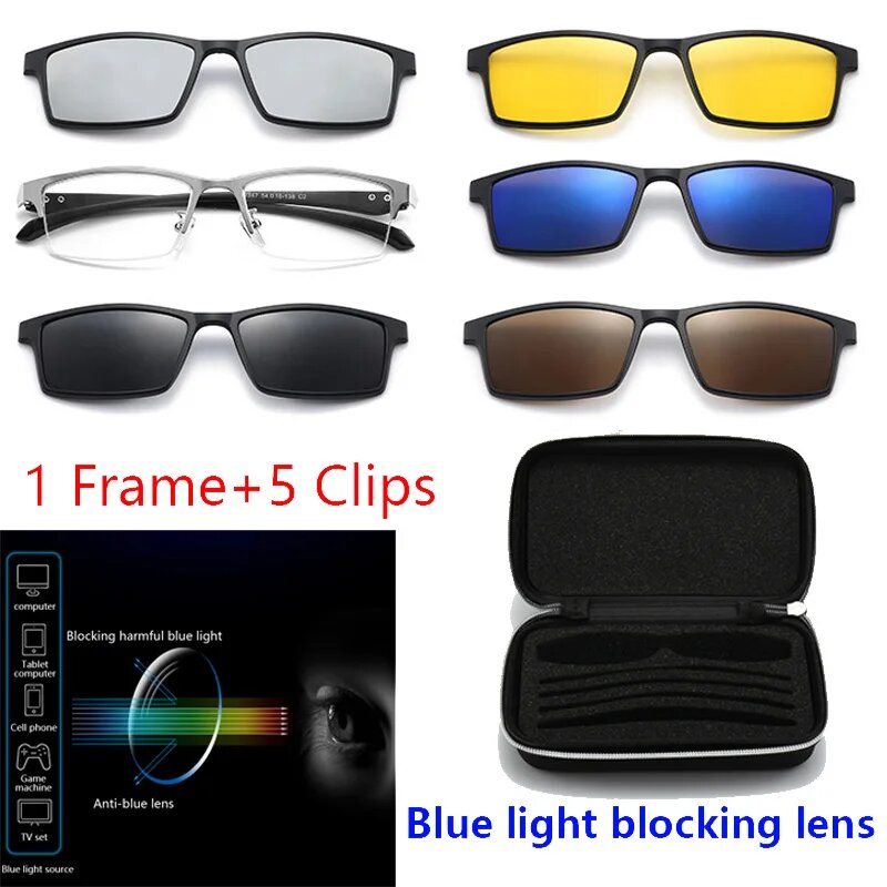 6 в 1 полурамка поляризационные солнцезащитные очки для близорукости мужские и женские очки с магнитным зажимом сплав оптические очки по рецепту от - 0,5 до -6,0 PJ 2347A FLG AND BOX, -375(-3.75)