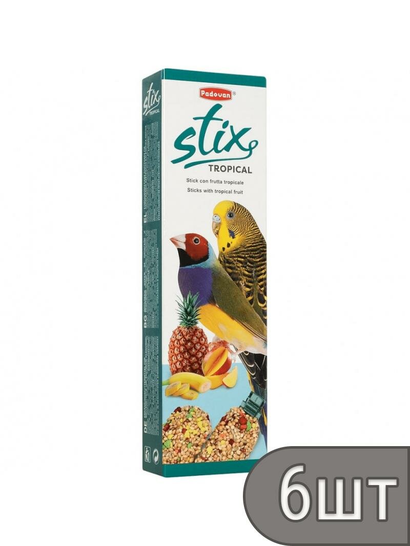 Padovan Набор 6 шт Padovan Stix Tropical лакомство для попугаев и экзотических птиц фруктовое - 80 г 0.48 кг
