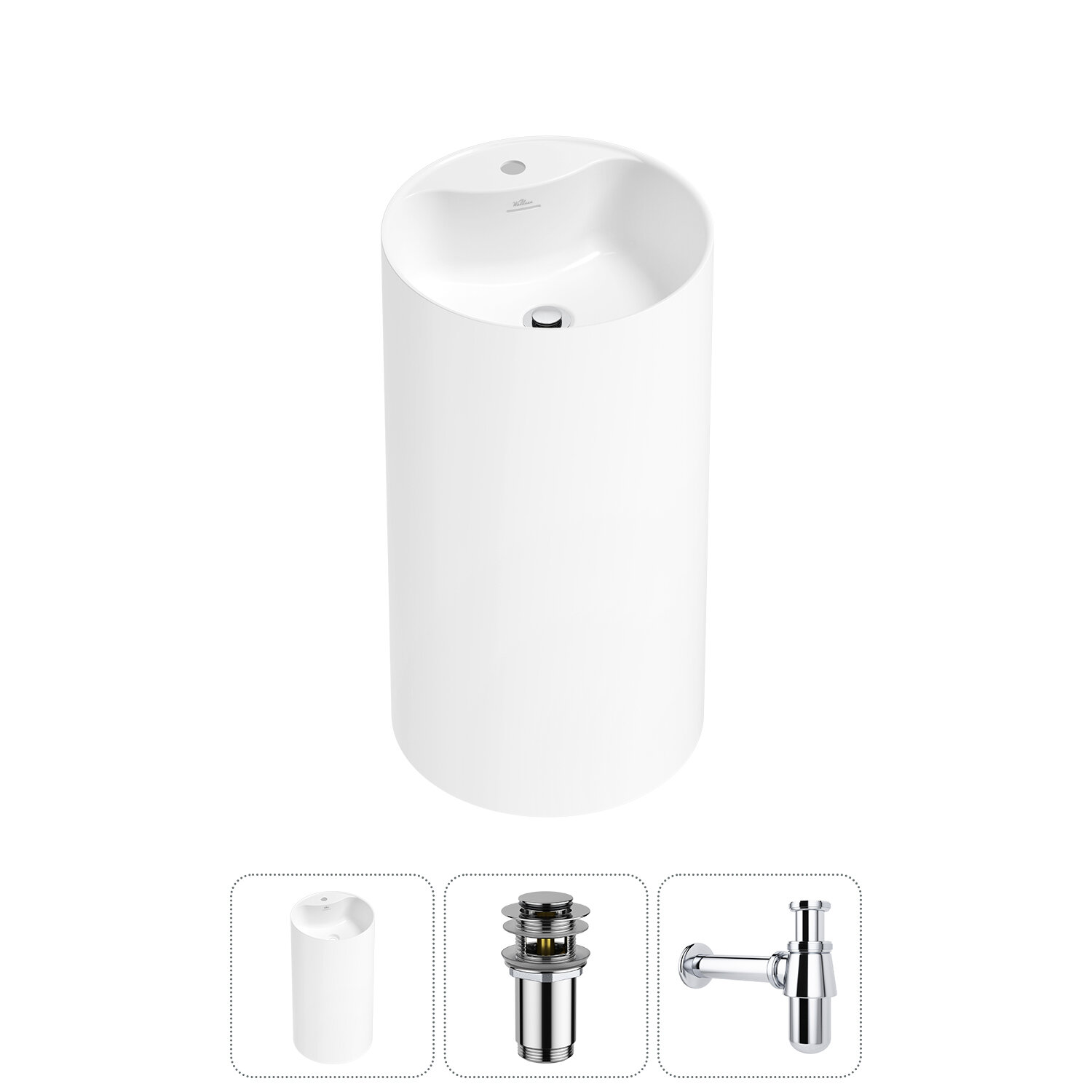 Круглая напольная раковина для ванной Wellsee Chalice Perfection 20212986R в наборе 3 в 1: напольная отдельностоящая раковина моноблок в цвете белый глянец, донный клапан, сифон (цвет хром)