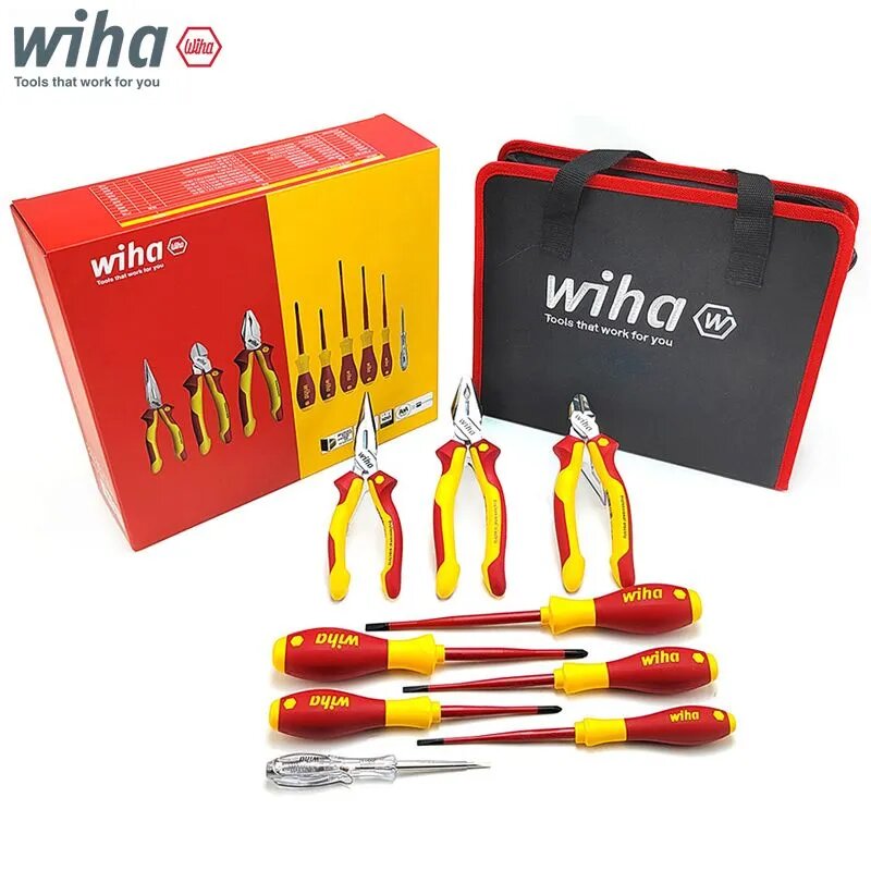 Wiha 90012C Изолированные плоскогубцы для электриков, отвертки, набор инструментов с сумкой