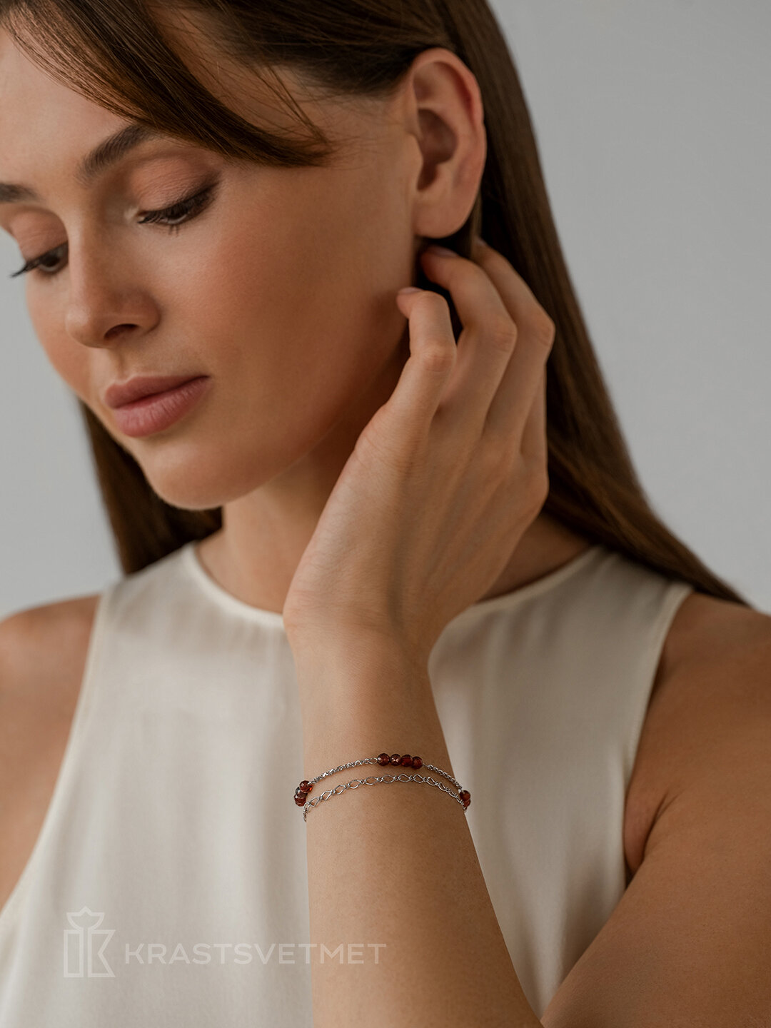 Браслет-цепочка, серебро, 925 проба, родирование, гранат