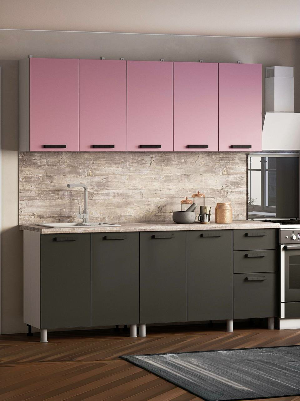 Кухонный гарнитур Осло МДФ 2м карбон сакура/карбон вулкан без столешницы