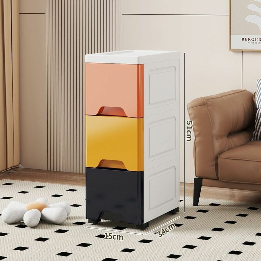 Узкий шкаф K439, пластик, на колесах и с ящиками, белый, оранжевый и черный