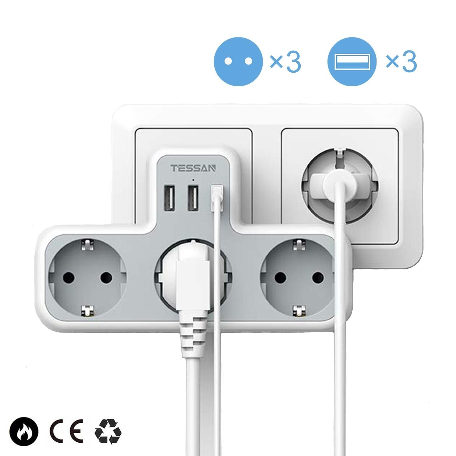 Многофункциональная настенная розетка TESSAN с 3 розетками, 3 USB-порта, USB-адаптер 6 в 1 с защитой от перегрузки для смартфона, планшета