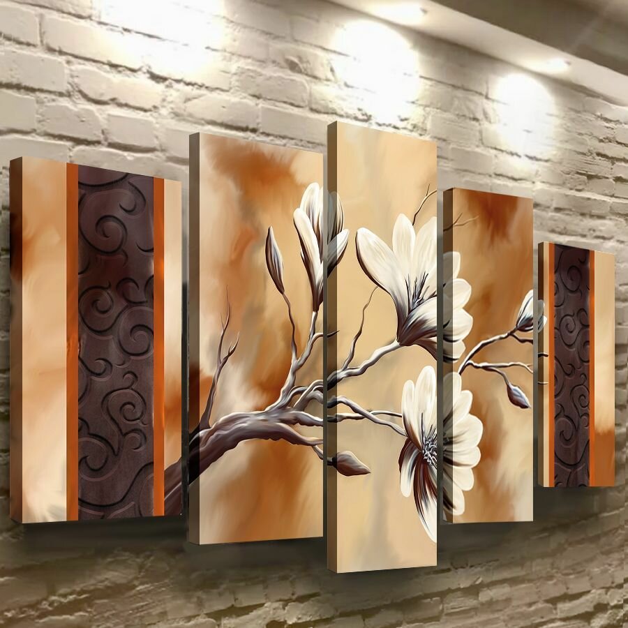 Modul007 Модульная картина из 5 модулей "Белые цветы" 140х80 см для интерьера