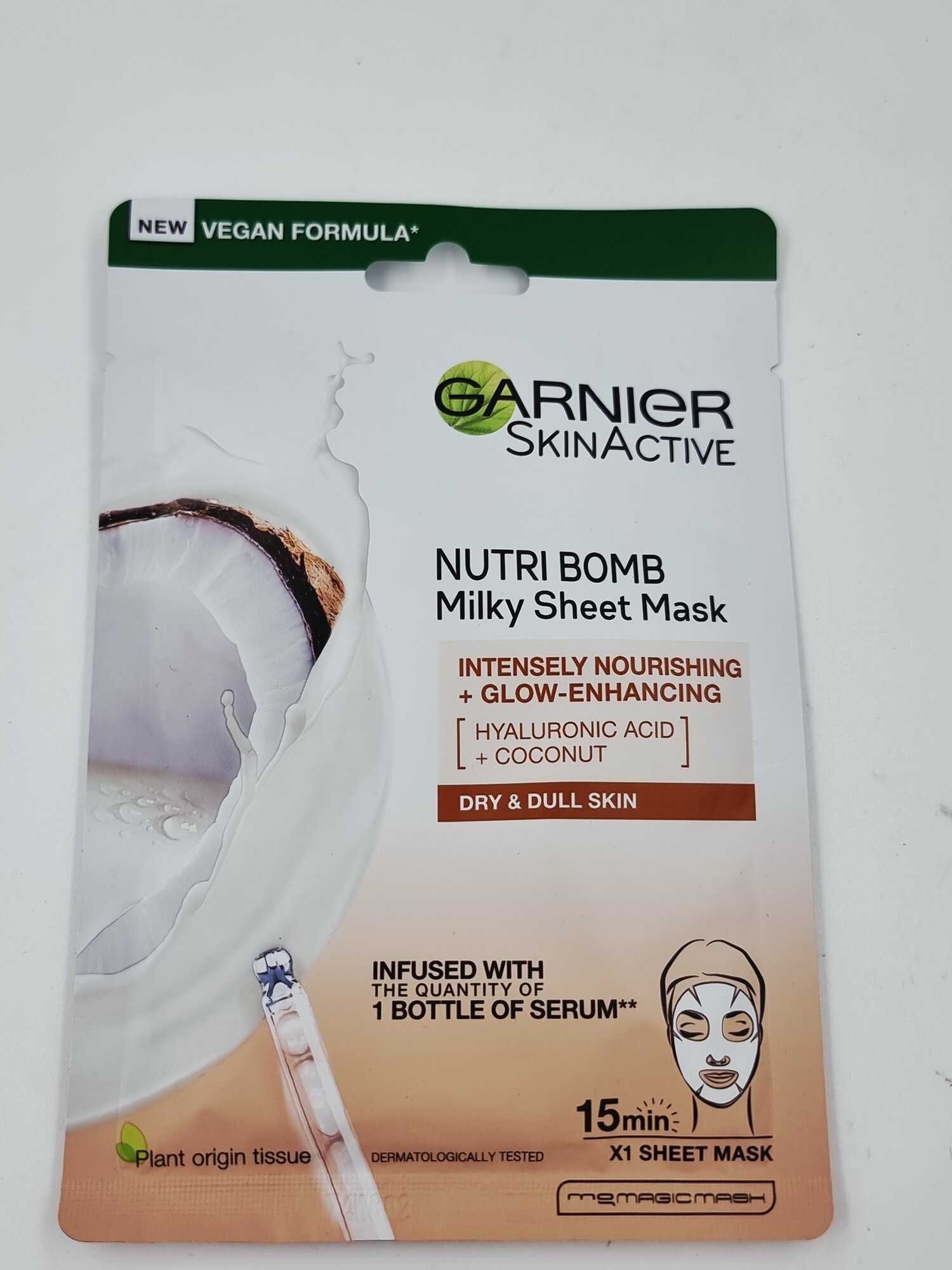 Garnier Маска тканевая для лица с гиалуроновой кислотой, экстрактом кокоса и витамином Е, питание и сияние, 28 г