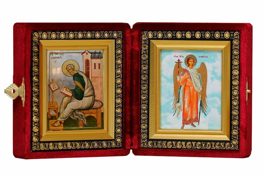 Икона Складень Матфей (Матвей) Левий, Евангелист, брат ап. Иакова Алфеева, Апостол и Ангел Хранитель в бархатном футляре, 14х16,5 см