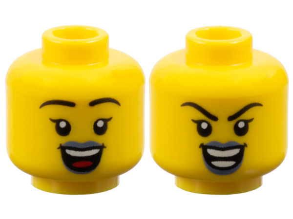 Minifigure, Head Dual Sided Female Black Eyebrows, Single Eyelashes, Sand Blue Lips, Open Mouth Smile, Happy with Top Teeth and Red Tongue / Evil with Teeth Parted Pattern, 3626pb3769 Yellow N