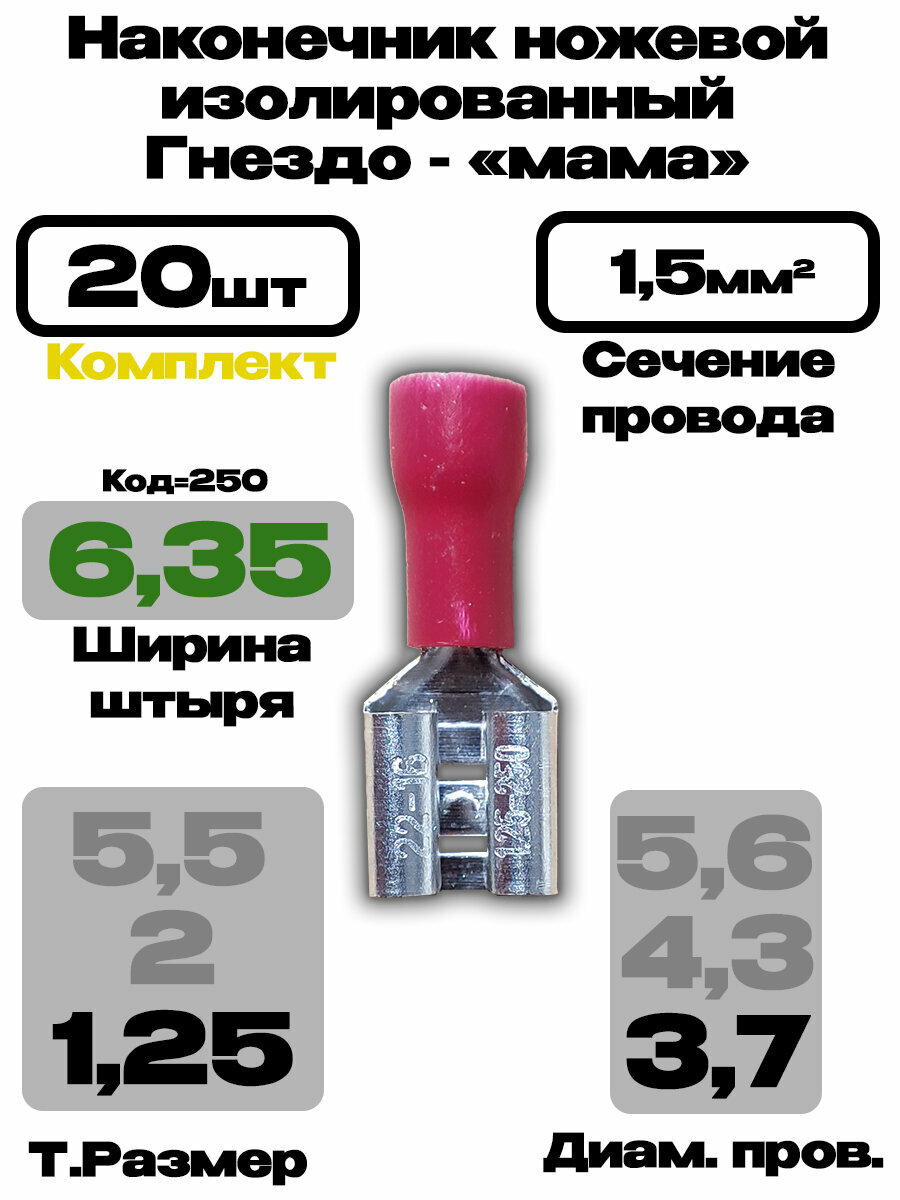 Наконечник плоский ножевой - мама 0.8x6.35 (1.5кв. мм) FDD-1.25-250 - Красный - комплект 20 шт.
