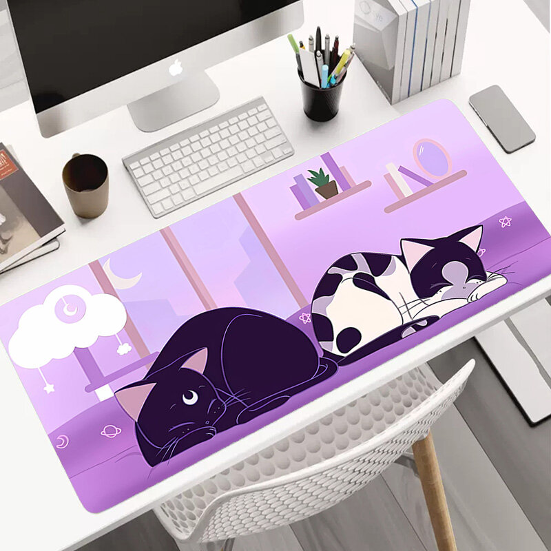 Офисный игровой коврик для мыши Cute Cat desk pad 400x900x3mm, черный, фиолетовый