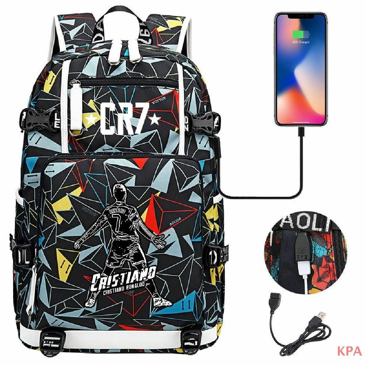 Рюкзак школьный Football Cristiano Ronaldo USB с зарядкой для ноутбука и путешествий