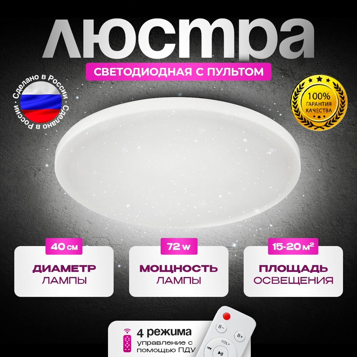 Люстра потолочная светодиодная с пультом. Светильник для спальни, зала, гостиной, детской комнаты. 72w, 40 см