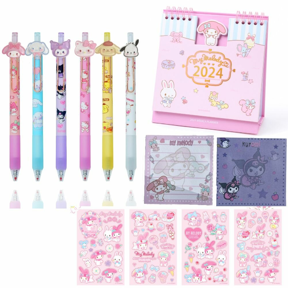 Календарь на 2024 год на столе с подставкой, оборачиваемыми страницами и 6 штуками гелевых ручек, 2 блокнотами с клейкими записками и 4 наборами милых наклеек