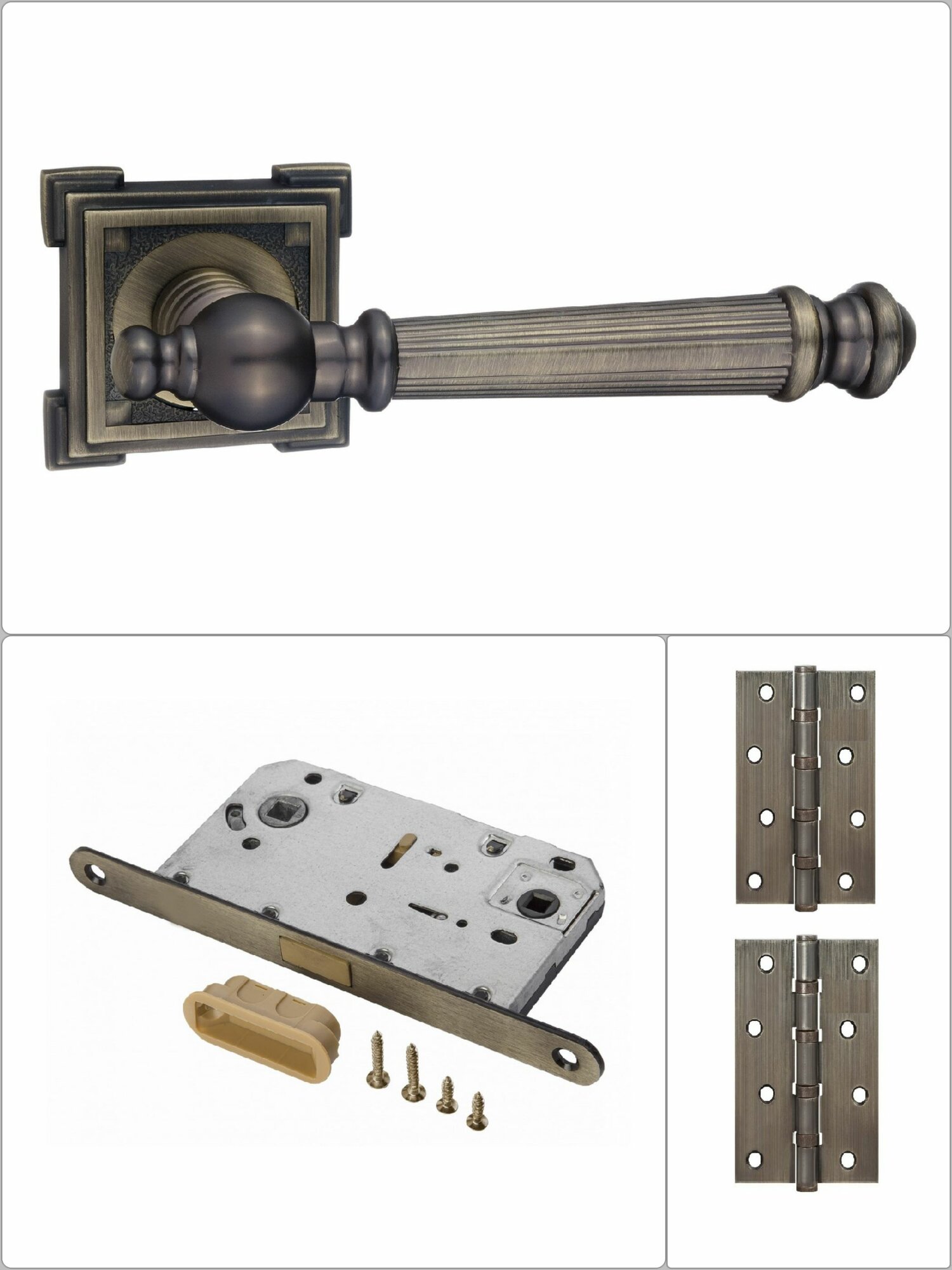 Ручка дверная межкомнатная Renz INDH_69-19_MAB_MAG, матовая античная бронза (ручка + 2 универсальные петли + магнитный замок)