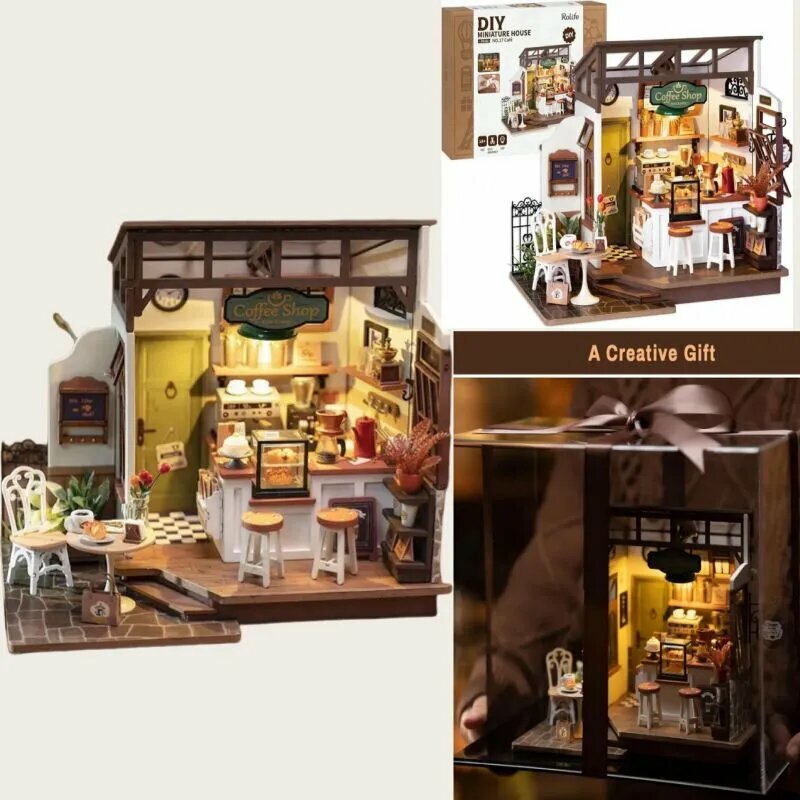 Набор мини-кукольных домиков для кофейни Rolife со светодиодной подсветкой-Поделки для взрослых своими руками