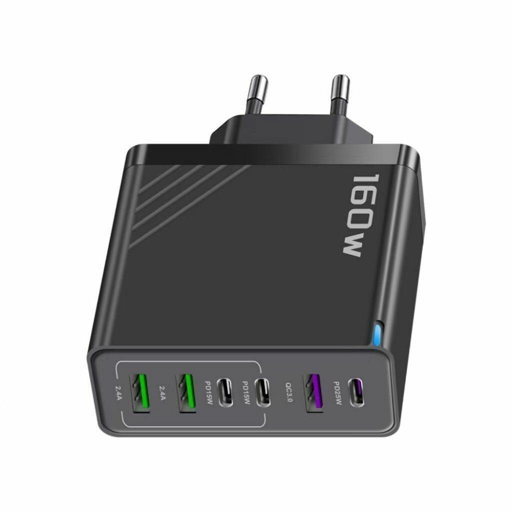 Многопортовое зарядное устройство для быстрой зарядки PD мощностью 160 Вт 3USB + 3TYPE C-Европейский стандарт-черный