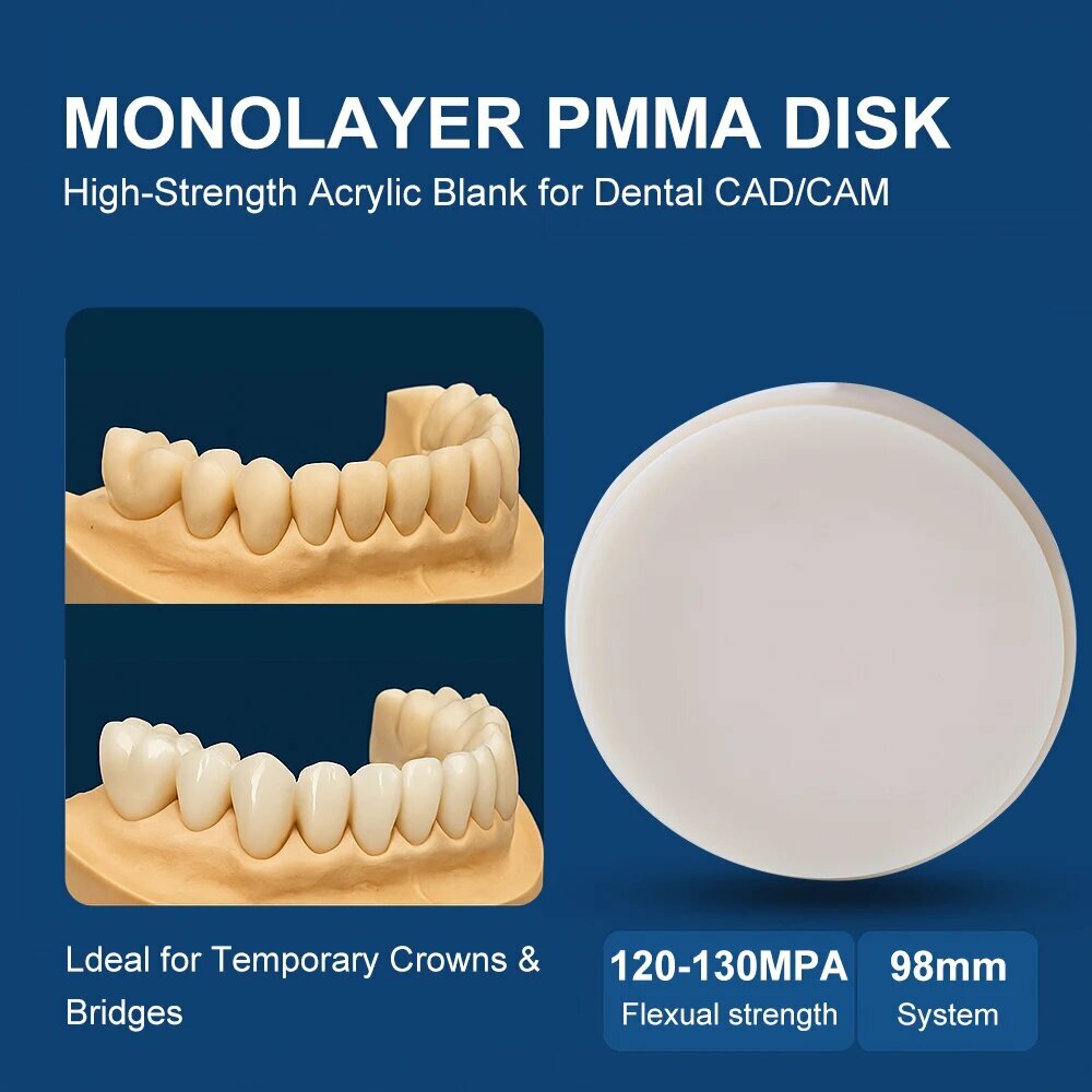 98-мм однослойный диск из ПММА, заготовка A1 A2 A3 B1 B2 BL2, стоматологическая лаборатория, материал Cad Cam, фрезерный полимерный диск, блоки из ПММА, монохромные 98X18mm A3