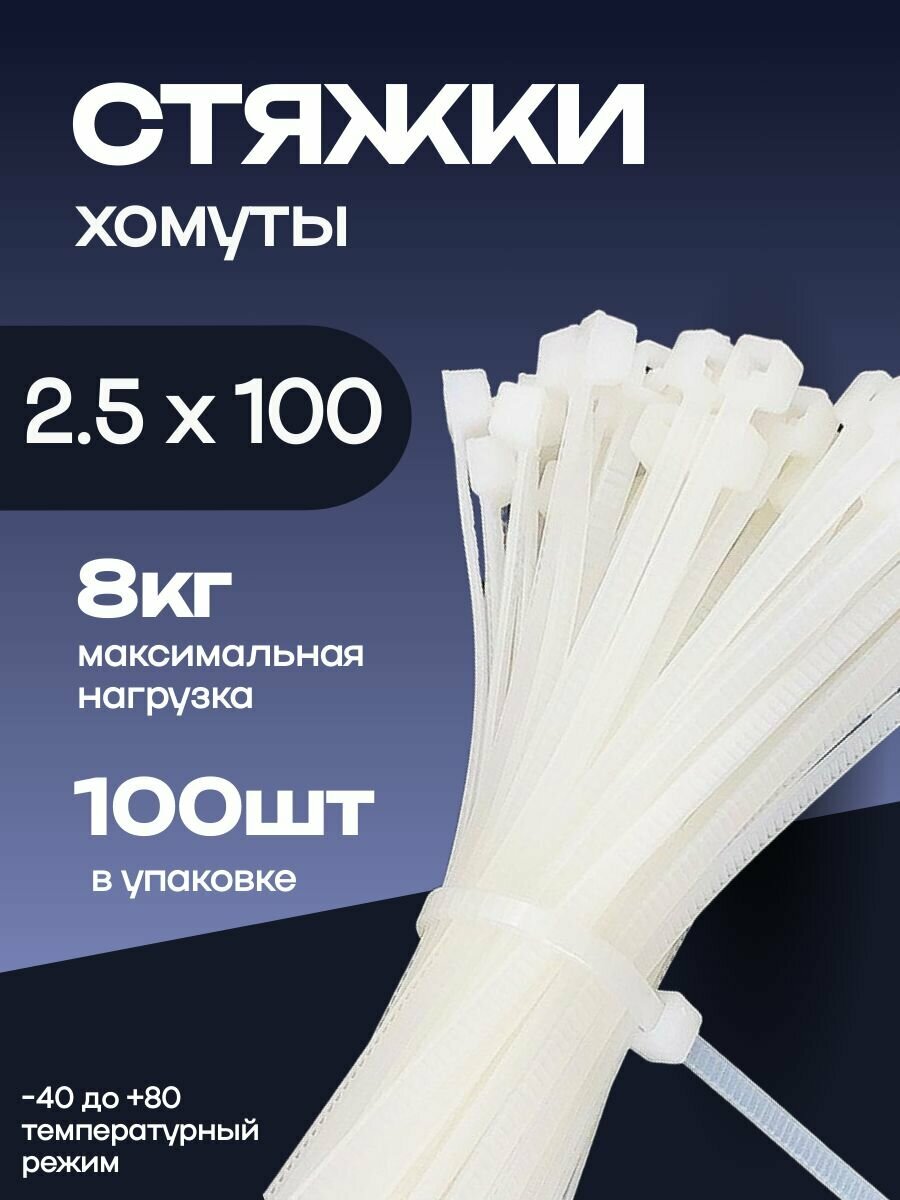 Стяжка - хомут нейлоновая пластиковая 2.5х100мм (белая)