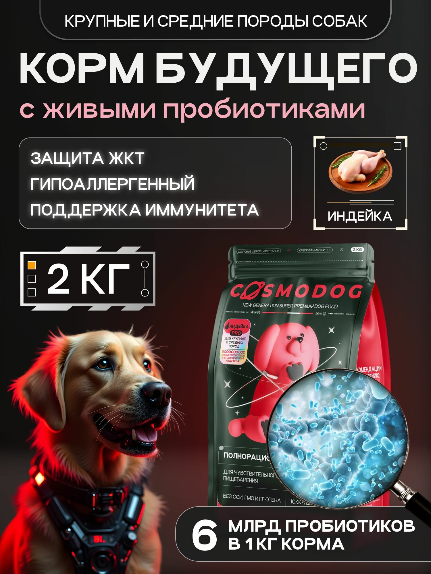 Корм для собак сухой Cosmodog с индейкой 2 кг, гипоаллергенный холистик для крупных и средних пород с пробиотиком
