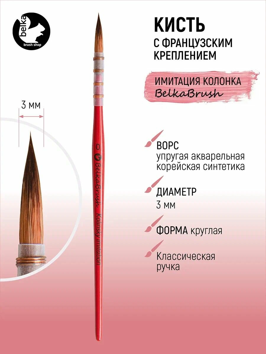 Кисть для акварели профессиональная BelkaBrush, имитация колонка, круглая №0