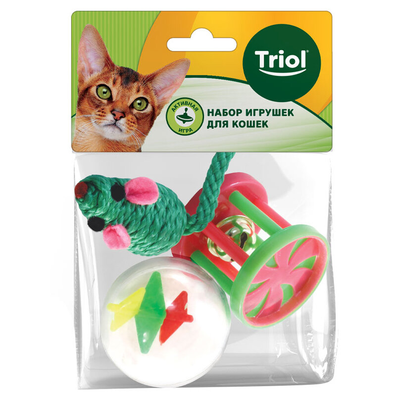 Набор игрушек для кошек "Активная игра 15" (мяч d4см, мышь 5см, барабан 4см) Triol