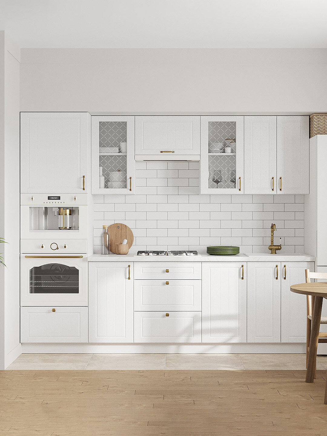 Кухонный гарнитур Флоренс 2.6 м, мебель для дома и кухни, Белый / Белый текстурный со стеклом