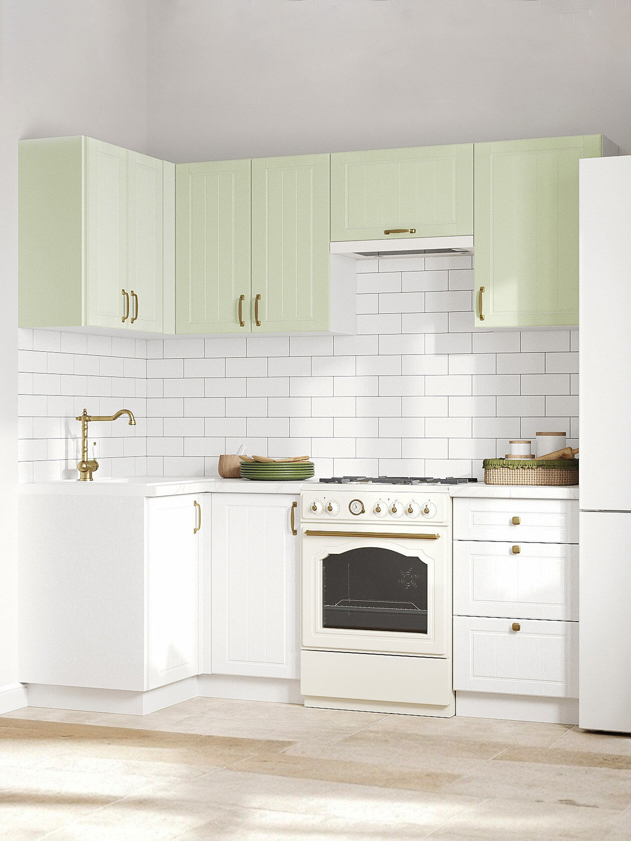 Кухонный гарнитур угловой Флоренс 2.1х1 м, мебель для дома и кухни, Белый / Фисташковый структурный / Белый текстурный