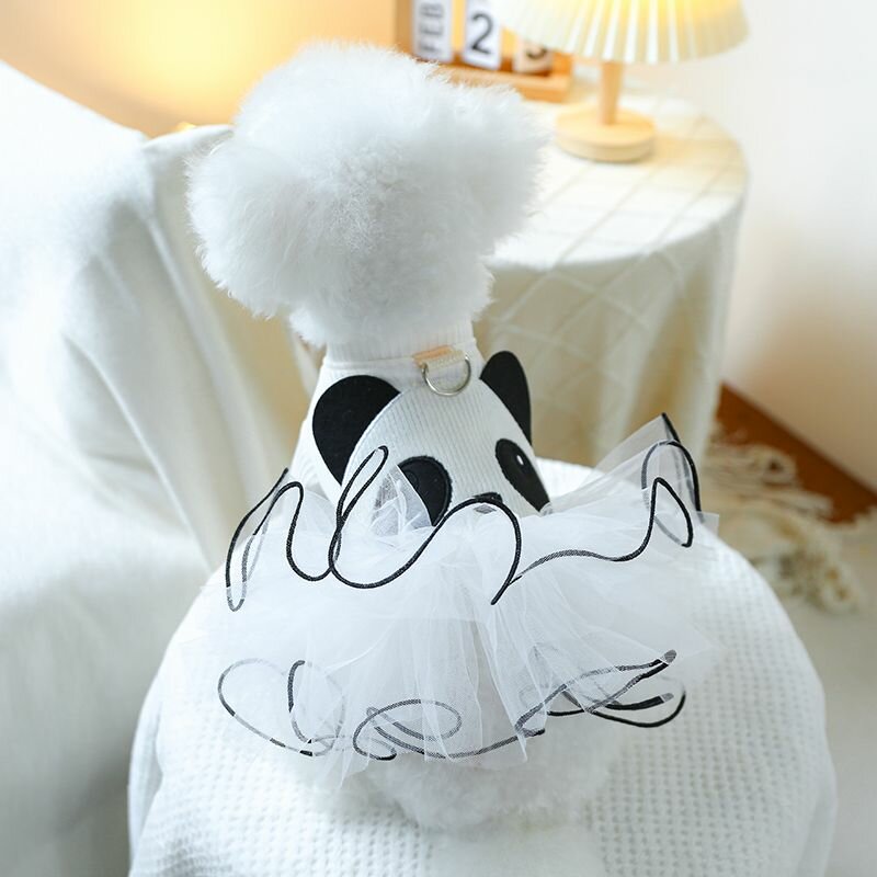 Снежно-белое платье-пачка Панда-принцесса для собак дышащая ткань с карабином для прогулок