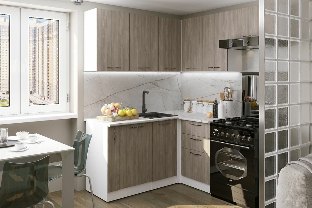 Кухонный гарнитур угловой Фьюджи мега прайм 1,6х1,7 м цвет Белый/Джарра ширина 330 см с полками с выдвижными ящиками ЛДСП