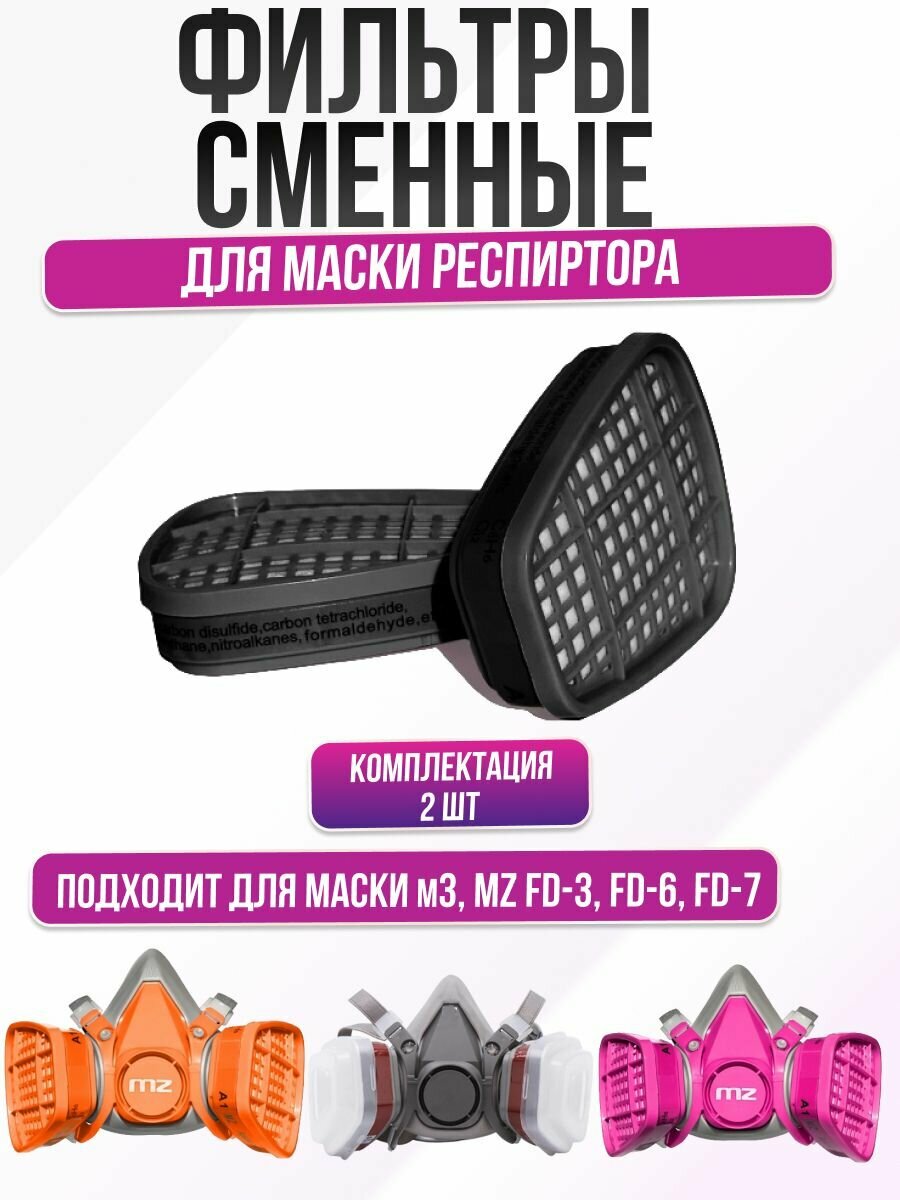Фильтр сменный для маски респиратора для кератина MZ FD-3, FD-6, FD-7, 2 шт черный
