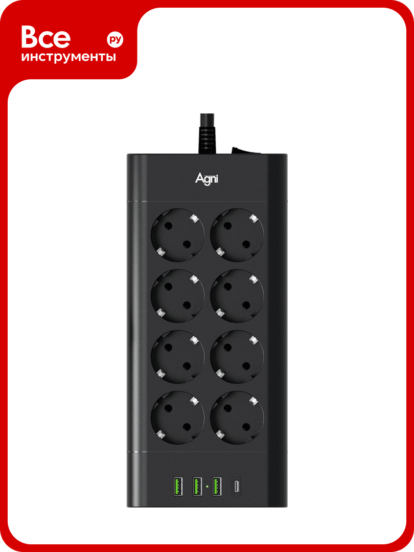 Сетевой фильтр AGNI плоский, 8 розеток, кабель 5м, 3USB, 1TYPE-C 20W, черный, подключения чувствительной электроники