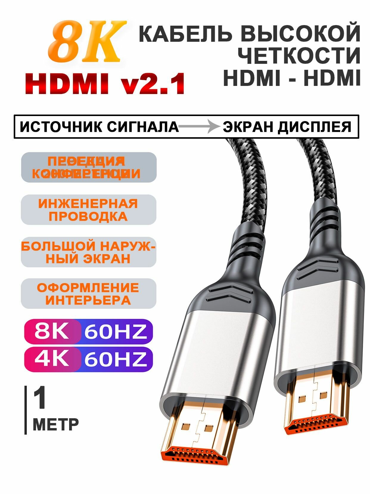 Кабель HDMI 2.1 оптоволоконный 8K@60Hz 4K@240Hz до 200м, поддержка HDR, для телевизора проектора игровой консоли инженерная прокладка