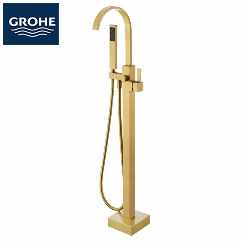 Смеситель напольный для ванны и душа с поворотным изливом Высокий излив, 1400556BG, Латунь Матовое золото