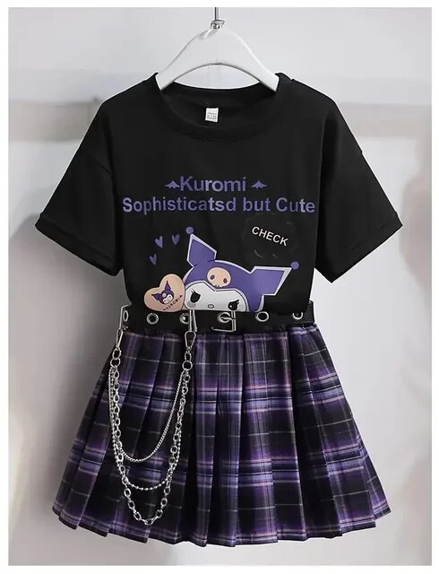 Юбка с короткими рукавами Kawaii Kuromi, детский костюм в стиле аниме Sanrio, футболка в стиле преппи, плиссированная юбка, студенческая модная тенденция, униформа JK Tw, Размер: 150 см