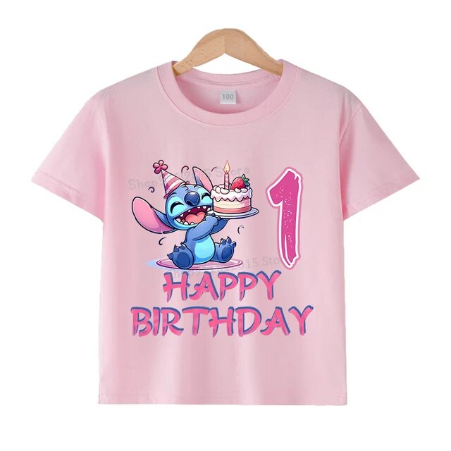 Футболка с розовым рисунком девочки Лило и Стич, детская одежда на день рождения, летние топы с короткими рукавами для малышей, милые футболки с героями мультфильмов, детская футболка, Размер:100