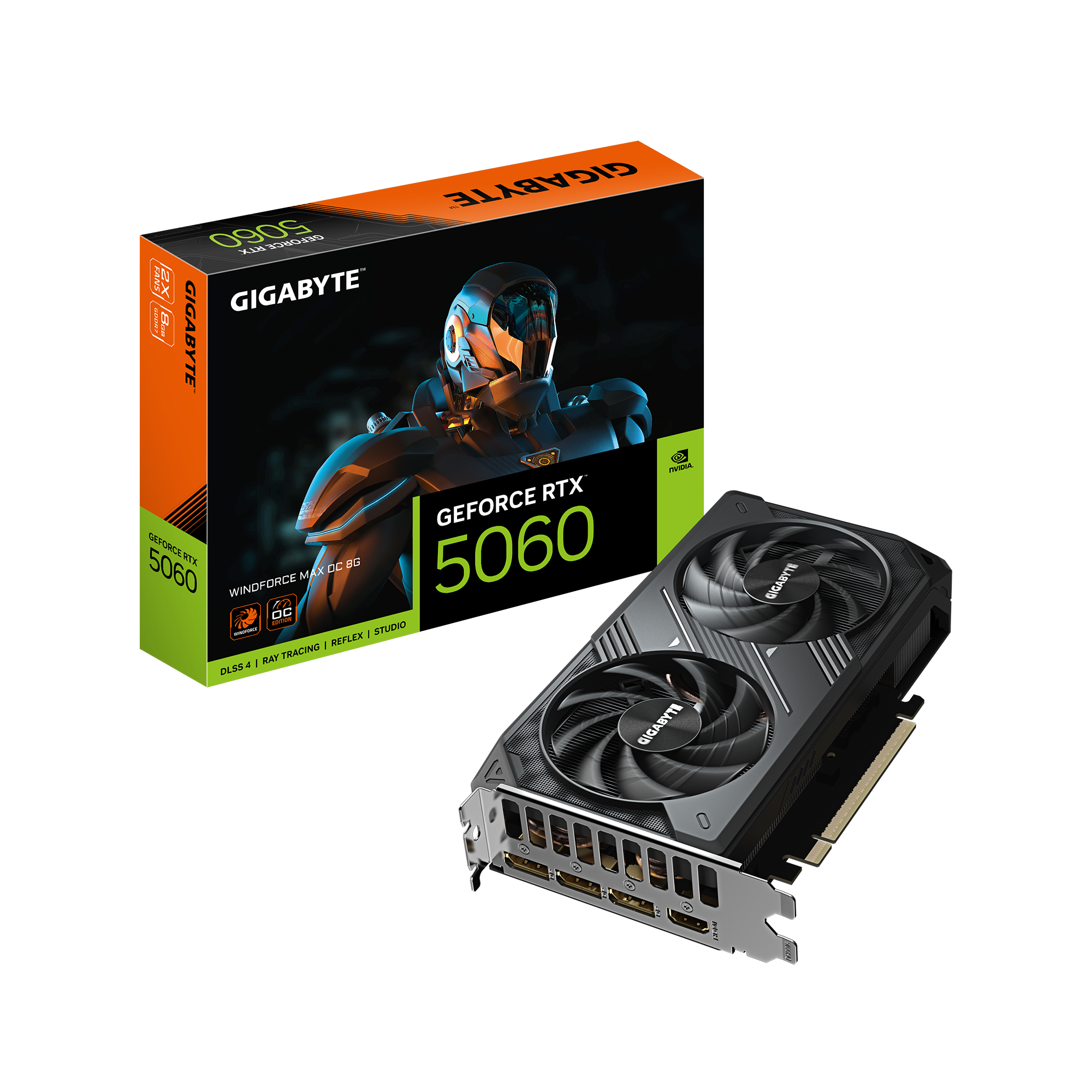 Видеокарта GIGABYTE GeForce RTX 5060 WINDFORCE MAX OC 8G (GV-N5060WF2MAX OC-8GD), 8ГБ GDDR7, 128-bit, PCI-E 5.0, черная