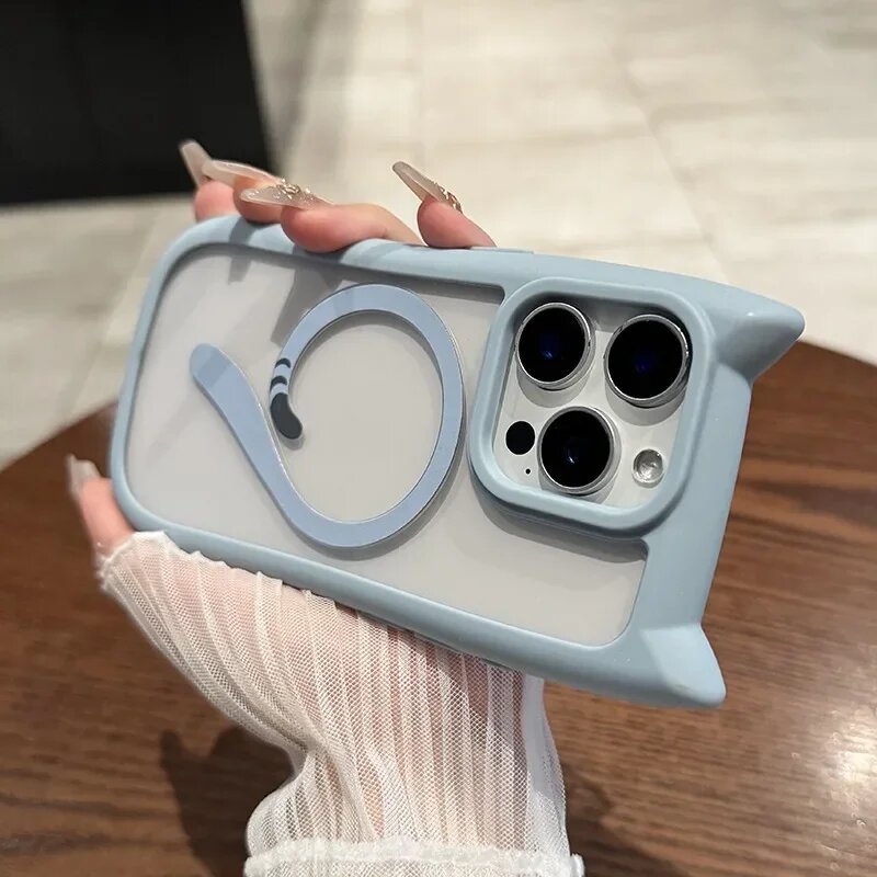 Чехол Ins Cute Cat Tail для телефона Magsafe для iPhone 17, 16, 15, 14, 13, 11, 12 Pro Max, бампер с кошачьими ушками, прозрачный жесткий чехол из ПК Blue, For iphone 15