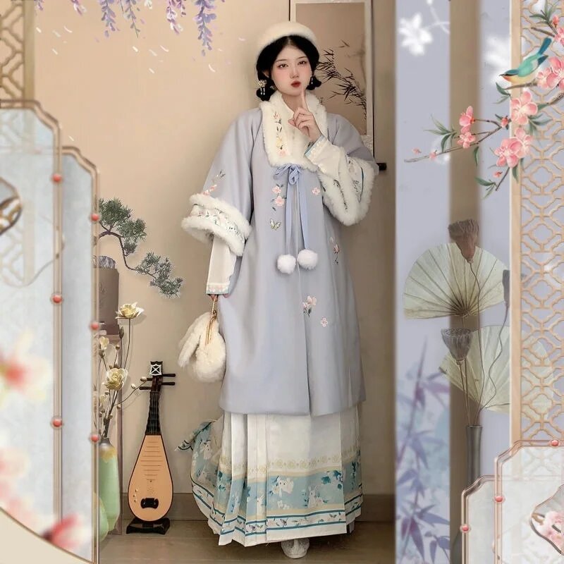 Ханьфу женский комплект из трёх предметов хлопок красный XL, Blue Skirt