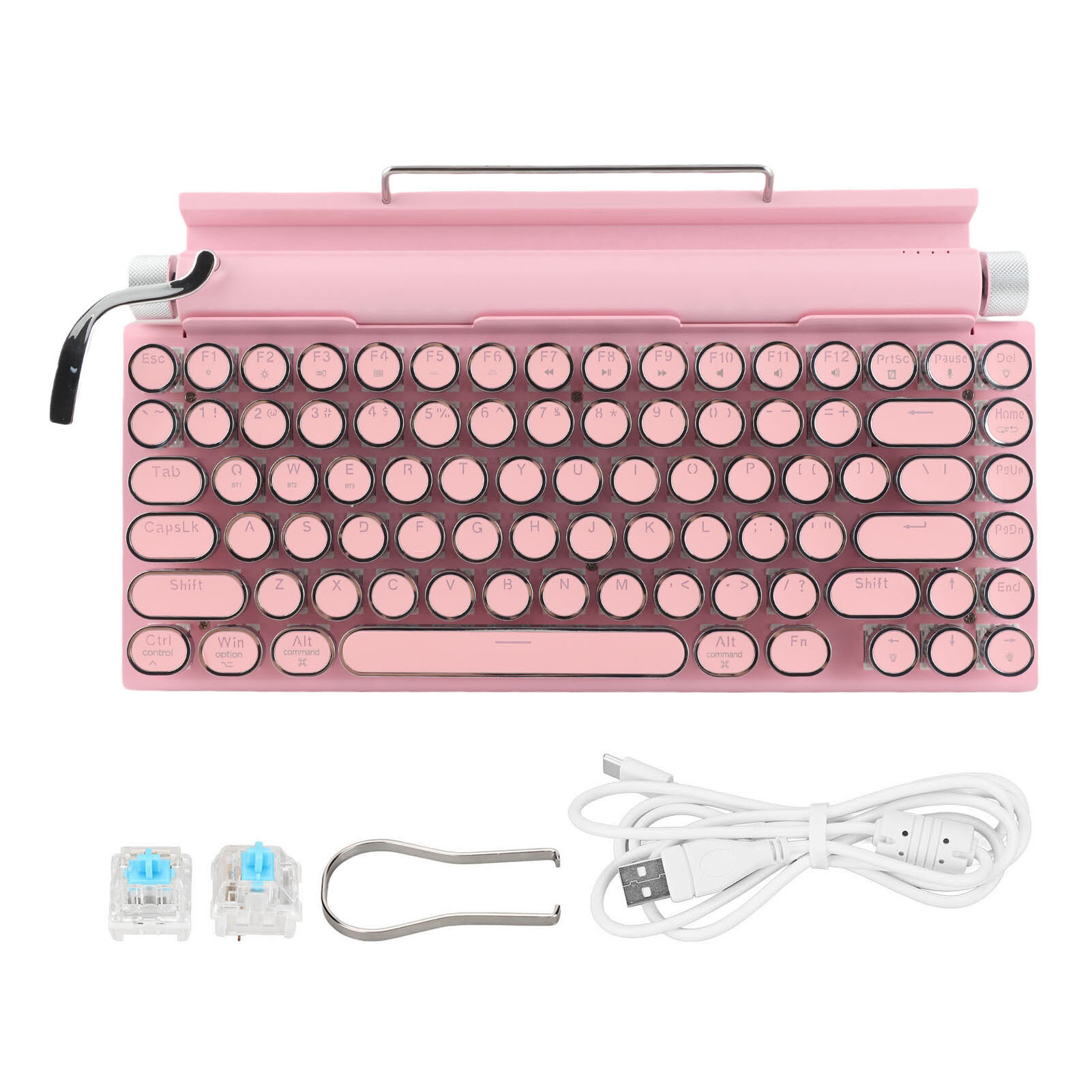Механическая клавиатура в стиле пишущей машинки, 83 клавиши, синие переключатели, Bluetooth 5.0, поддержка 3 устройств, FN Master, ретро-стиль, круглые колпачки клавиш, розовый цвет.